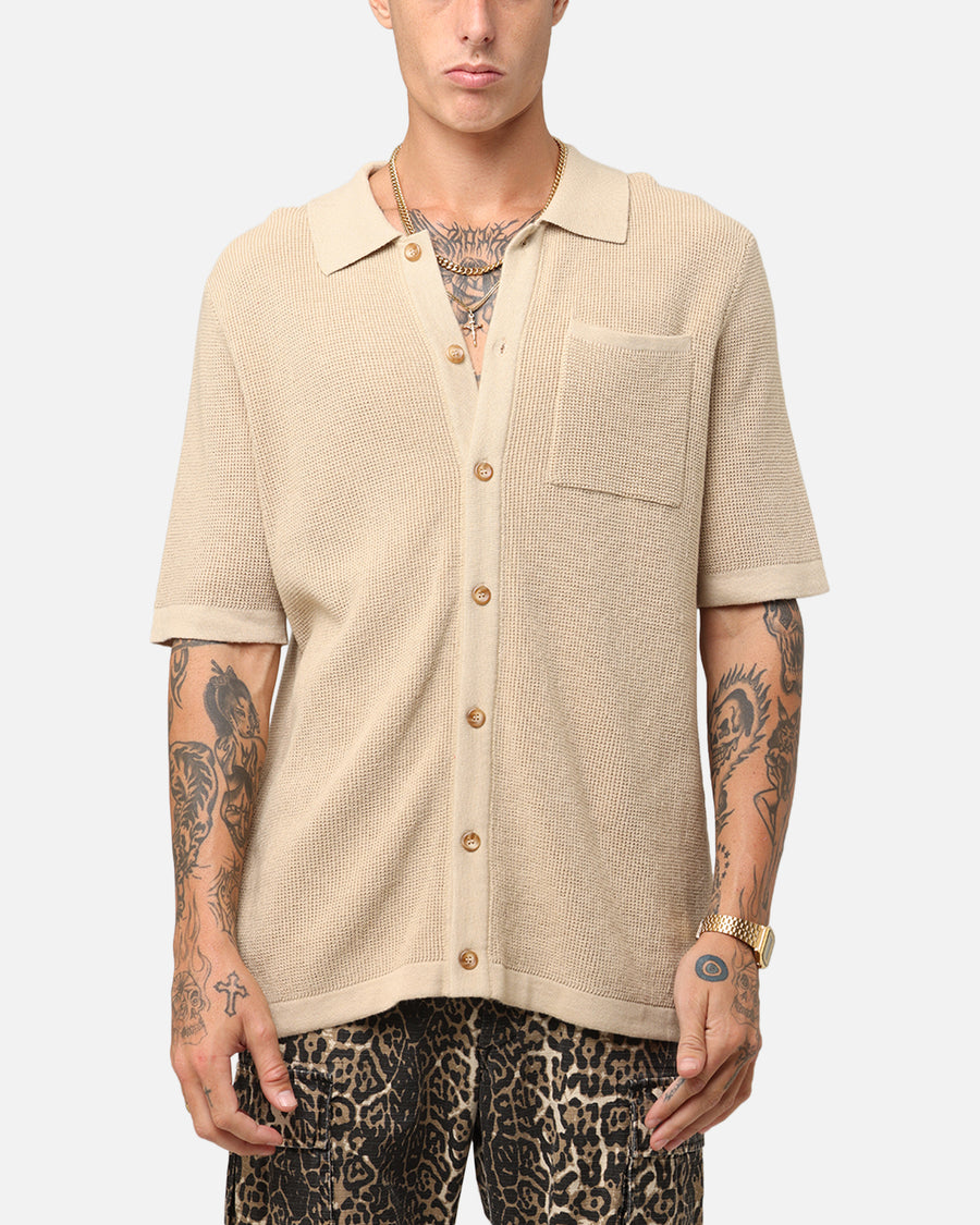 XXIII Zyair Knit Rib Button Up Shirt Tan | Culture Kings
