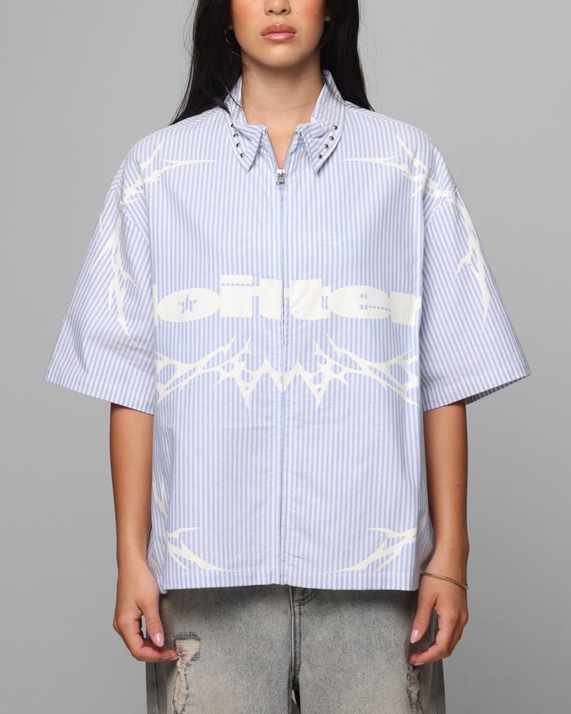 Loiter Cyber Zip Up Short Sleeve Shirt Blue Pin Stripe | Culture Kings