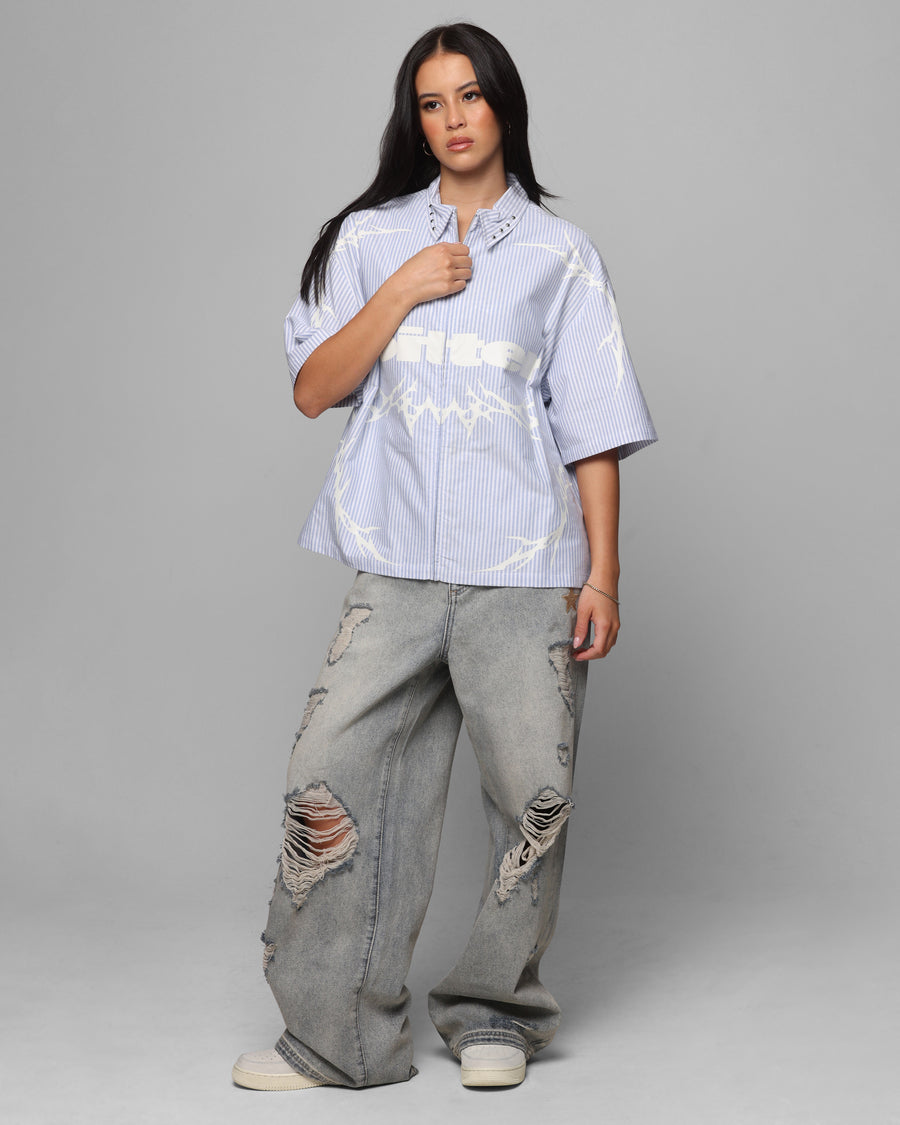 Loiter Cyber Zip Up Short Sleeve Shirt Blue Pin Stripe | Culture Kings