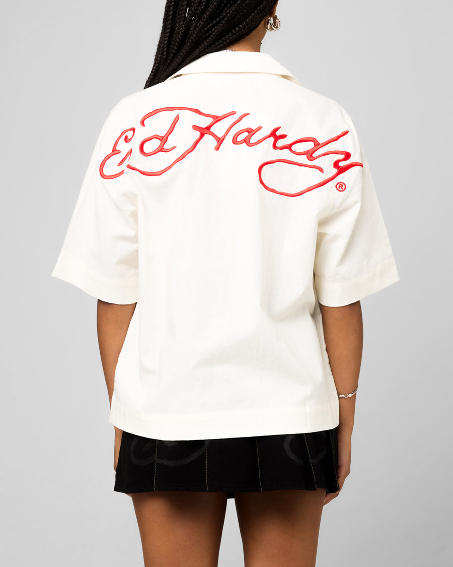 Ed Hardy Flaming Skull Button Up Shirt Off White | Culture Kings