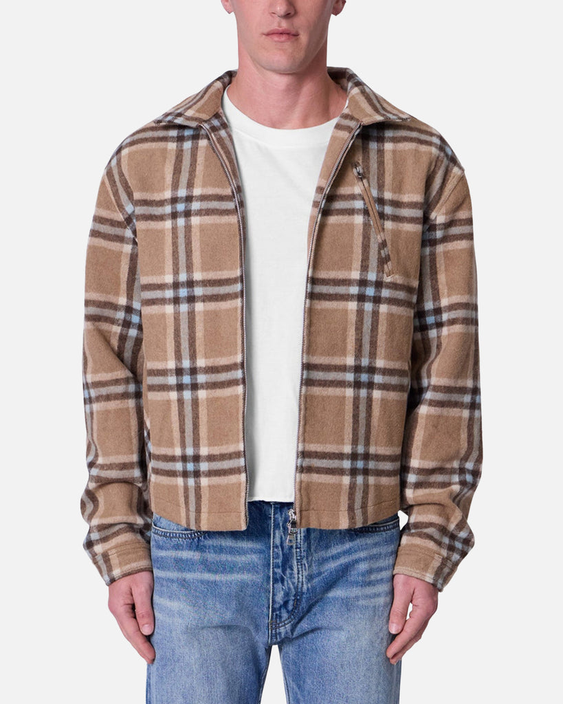 MNML Plaid Flannel Front Zip Jacket Brown/Cream | Culture Kings