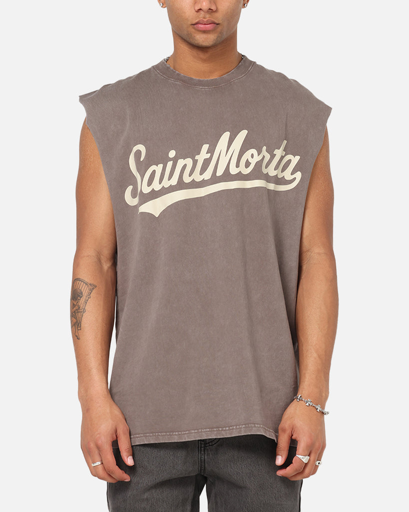 Saint Morta Script Oversized Muscle T-Shirt Washed Brown | Culture Kings