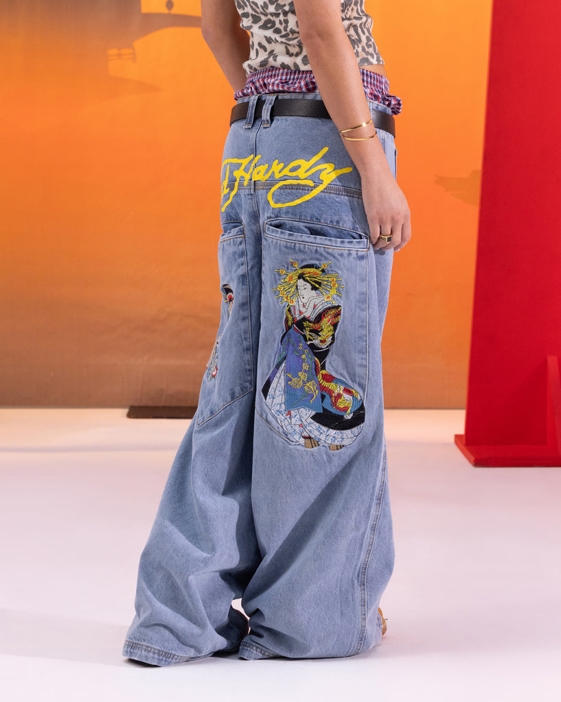 Ed Hardy Ultra Wide Leg Denim Jeans Light Wash Blue | Culture Kings