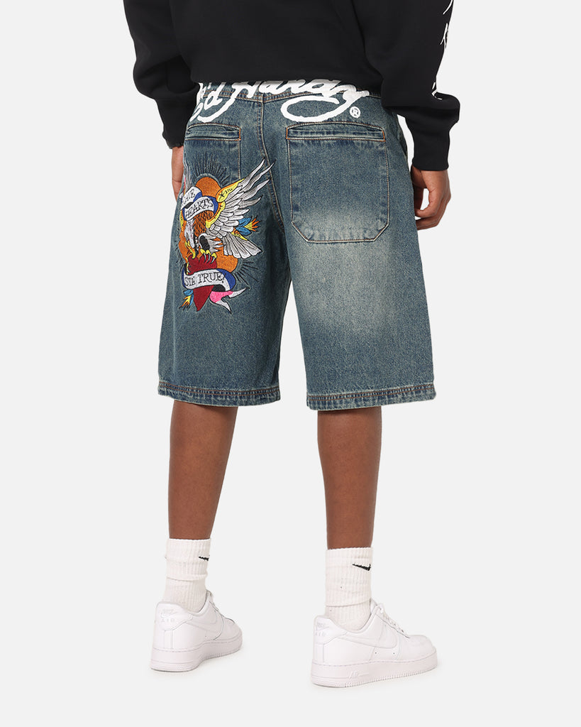 Ed Hardy Brave Hearts Jorts Washed Indigo | Culture Kings