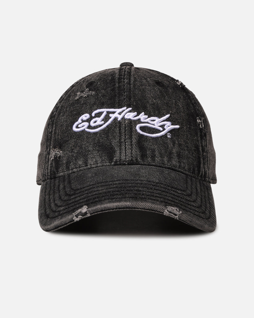 Ed Hardy Distressed Denim Strapback Cap Black Wash | Culture Kings